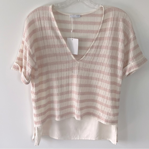 Zara | Tops | Zara Pink White Striped Sheer Viscose Vneck Lightweight ...